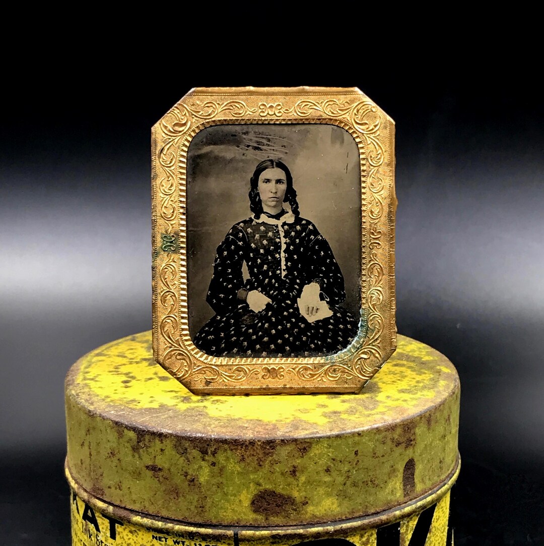 Small Antique Tintype Photo of Woman in Embossed Frame, 2.5" H X 2" W ...