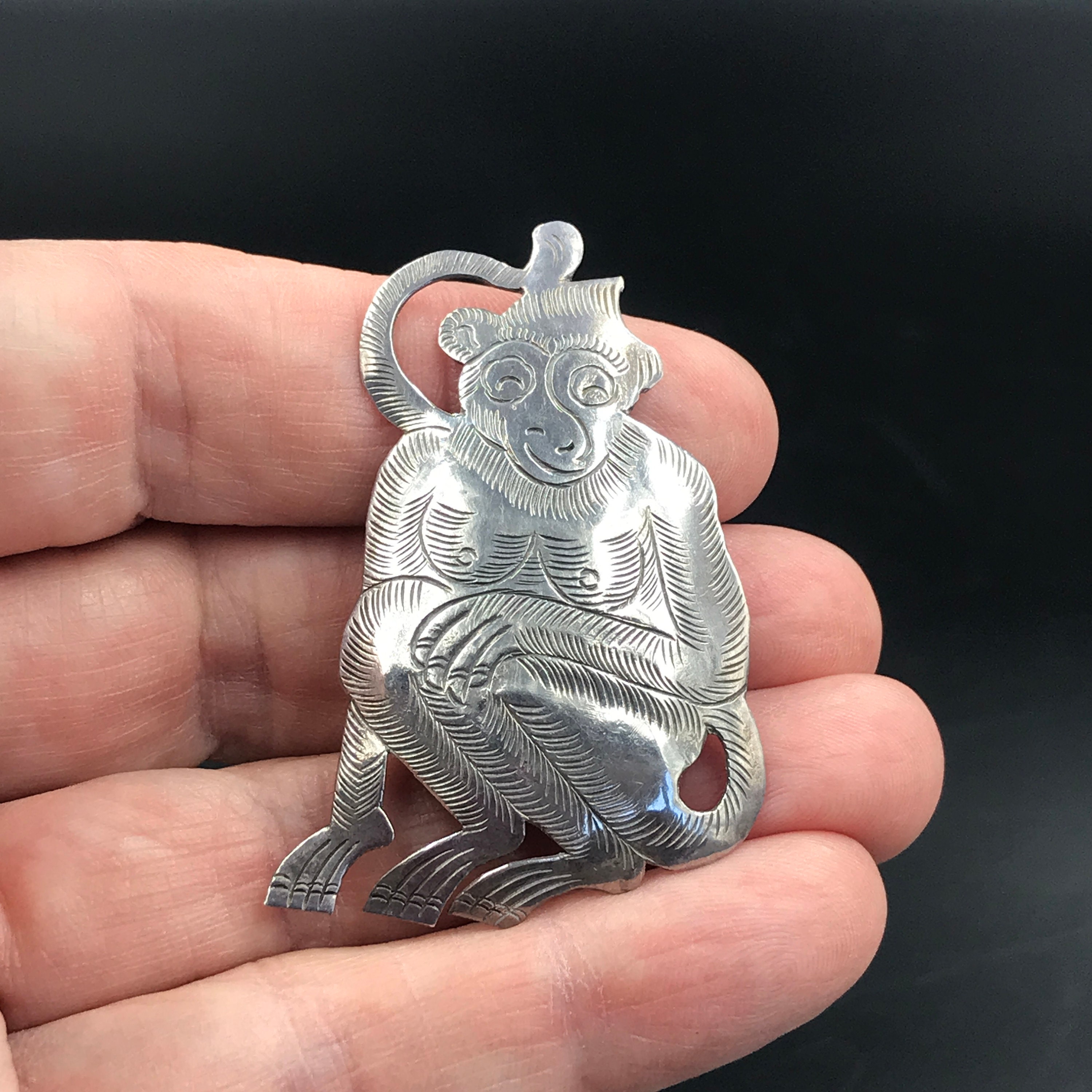 Vintage Etched Sterling Silver Monkey Brooch Pin Happy Monkey - Etsy