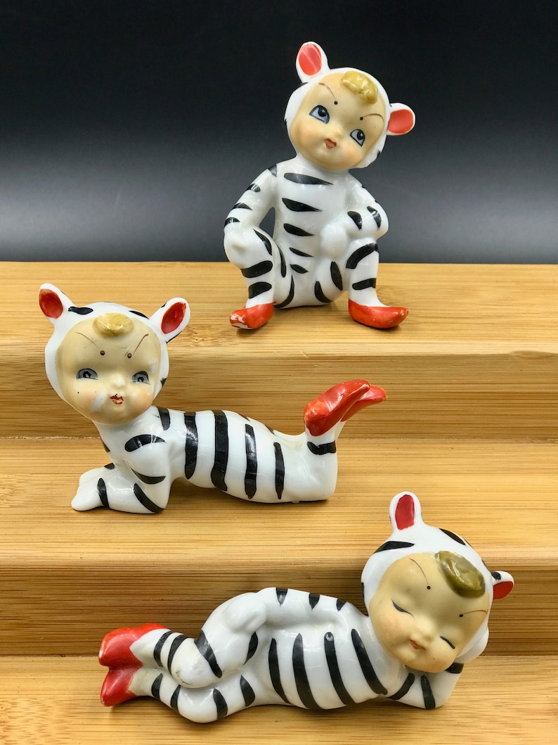 Vintage Ceramic Pixie Figurines: Zebra Pajamas, Set of 3, Japan - Etsy