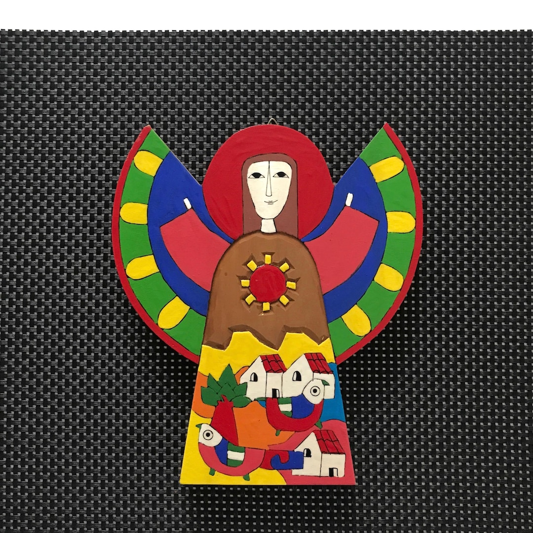 VTG El Salvador La Palma Angel Colorful Painted Wood Wall Plaque, La ...