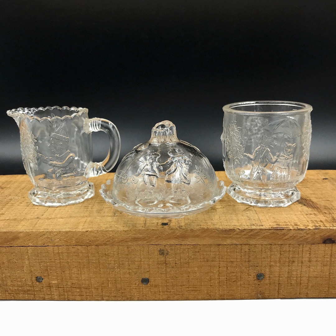 Victorian EAPG Child's Glass Tea Set: Nursery Rhyme Decor, US Glass Co ...