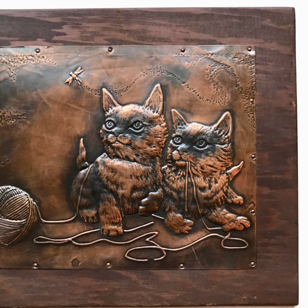 VTG Repoussé Copper Kittens Playing With Ball of Yarn Wall Plaque ...