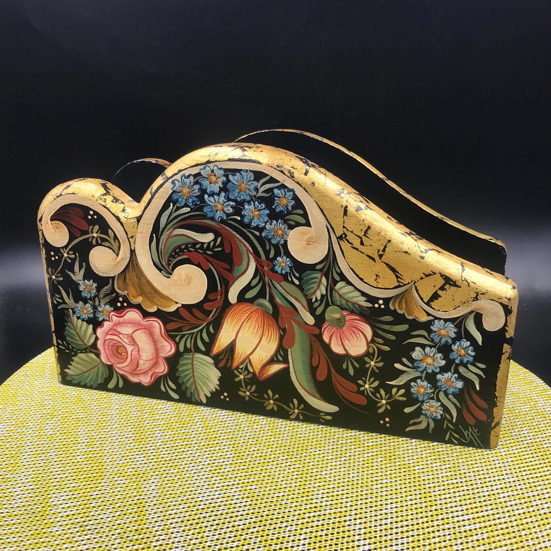LARGE 1990s SIGNED Tole Hand Painted Wood Office Desk Organizer With ...