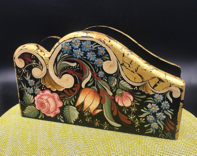 LARGE 1990s SIGNED Tole Hand Painted Wood Office Desk Organizer With ...