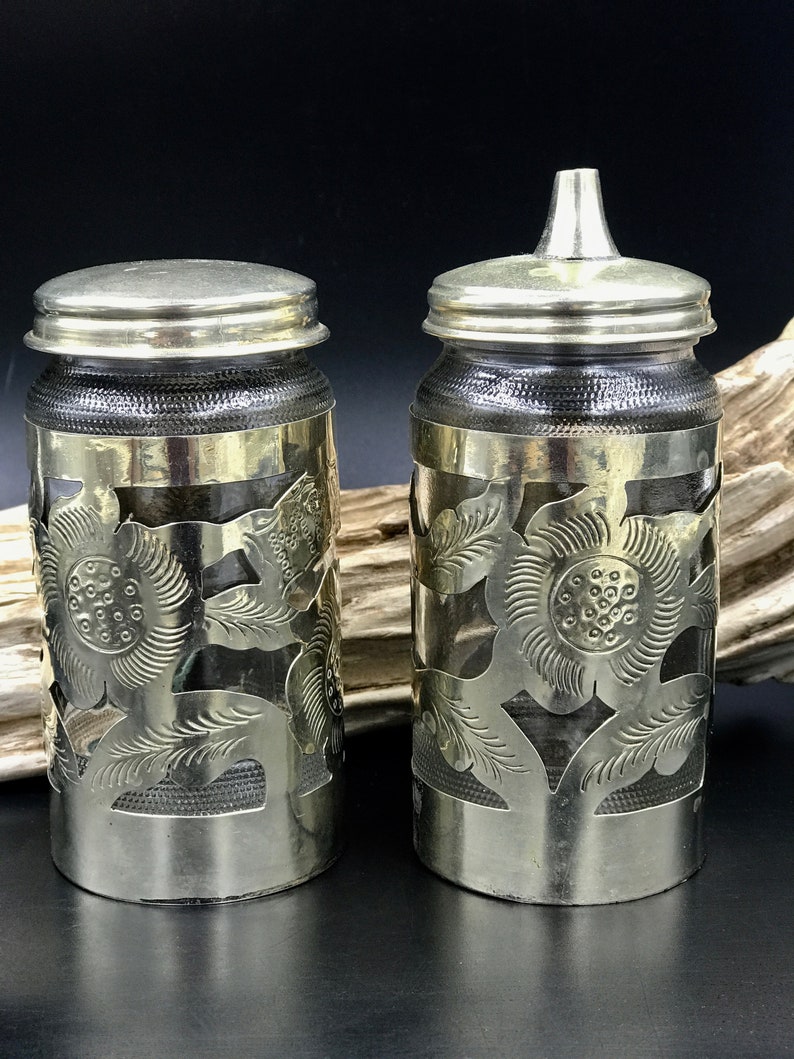 VTG Mexican Etched Silver Metal Overlay Glass Creamer and - Etsy