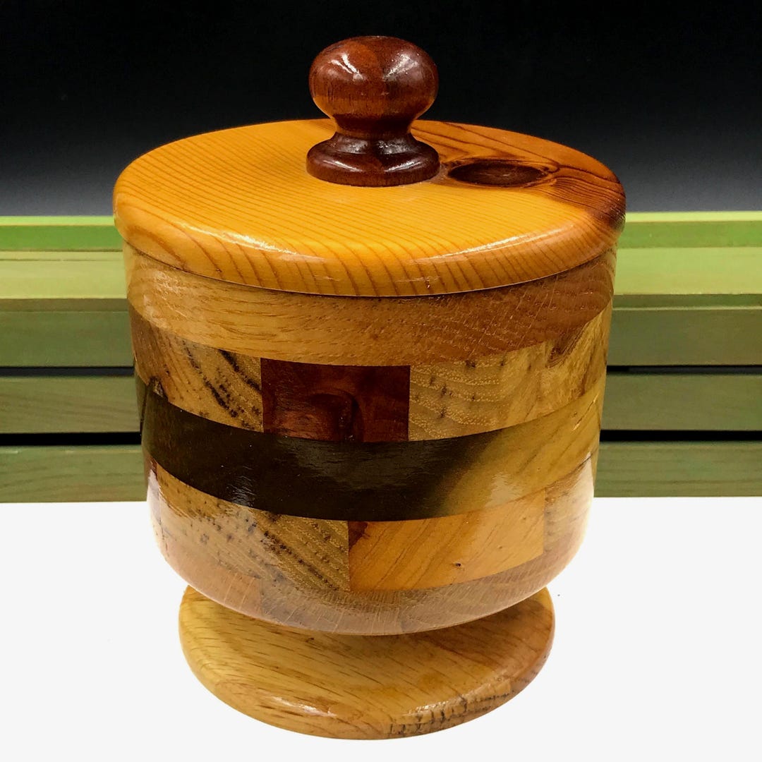 Vintage Hand Turned Striped Wood Footed Lidded Box, Treen Box ...