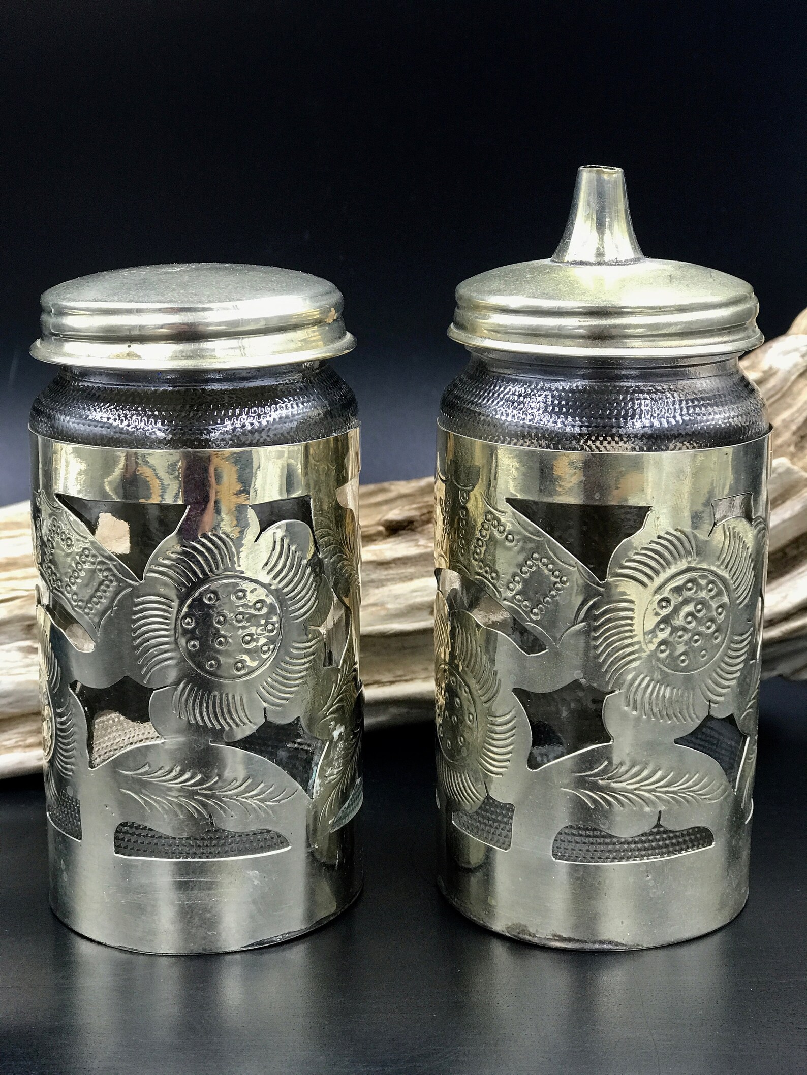 VTG Mexican Etched Silver Metal Overlay Glass Creamer and - Etsy