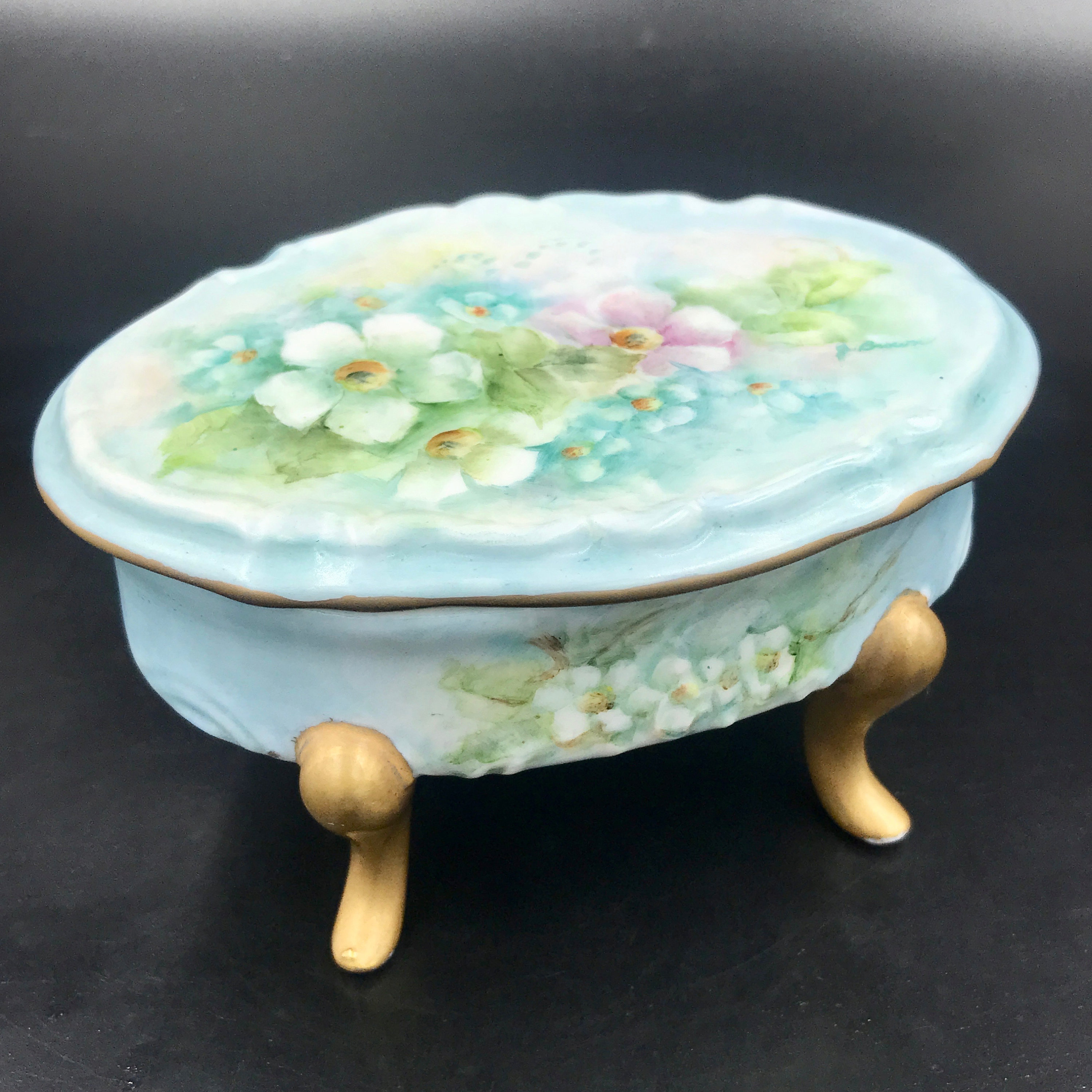 Vintage Hand Painted Floral Porcelain Trinket Box With Gold Feet - Etsy