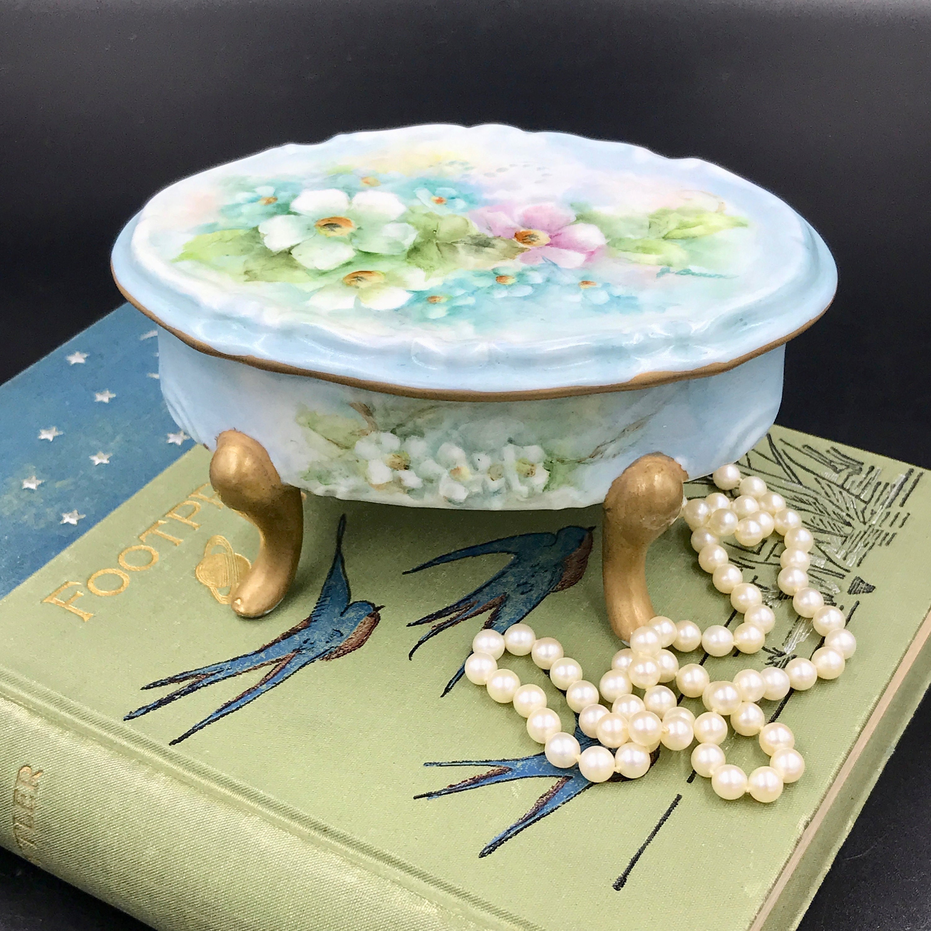 Vintage Hand Painted Floral Porcelain Trinket Box With Gold Feet - Etsy