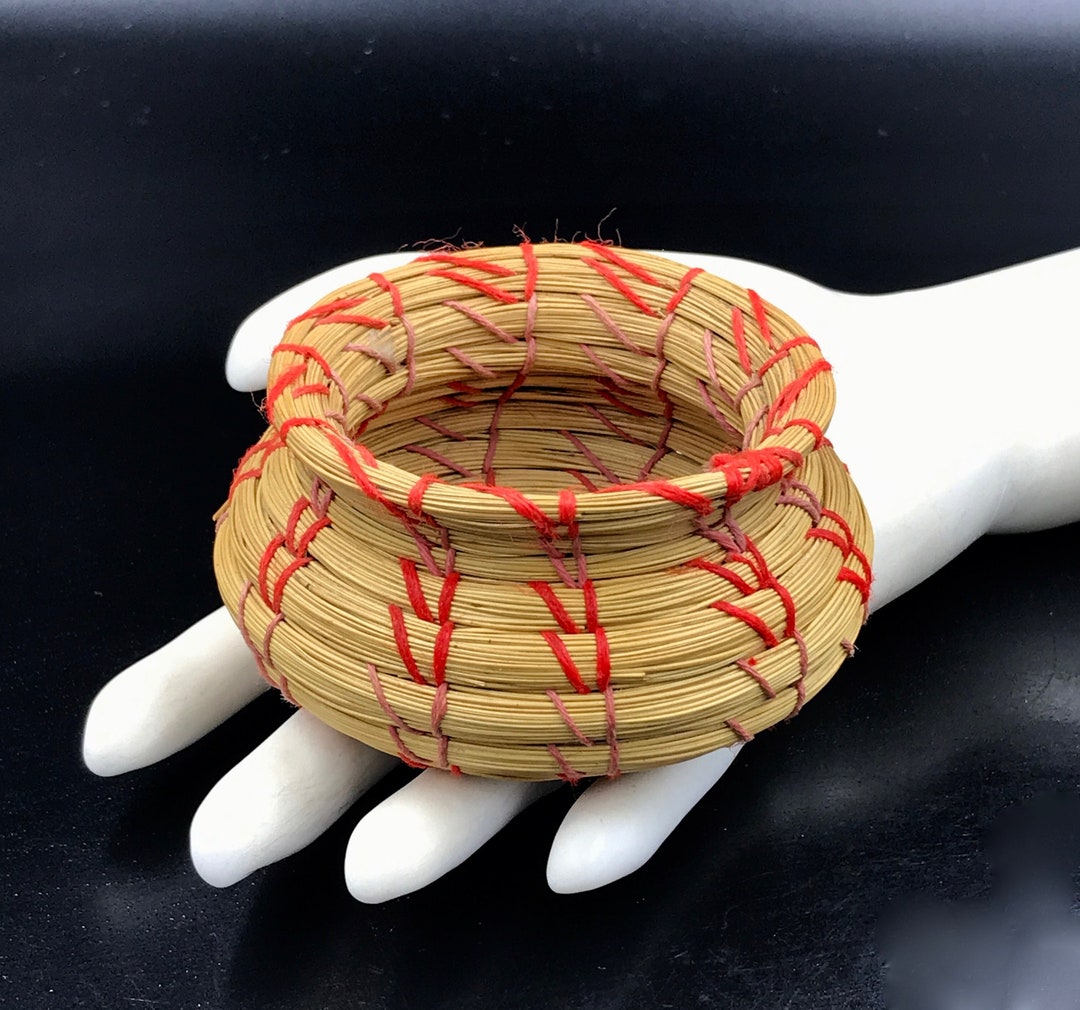 Vintage Coiled Pine Needle Basket: Small Handmade Basket With Red ...