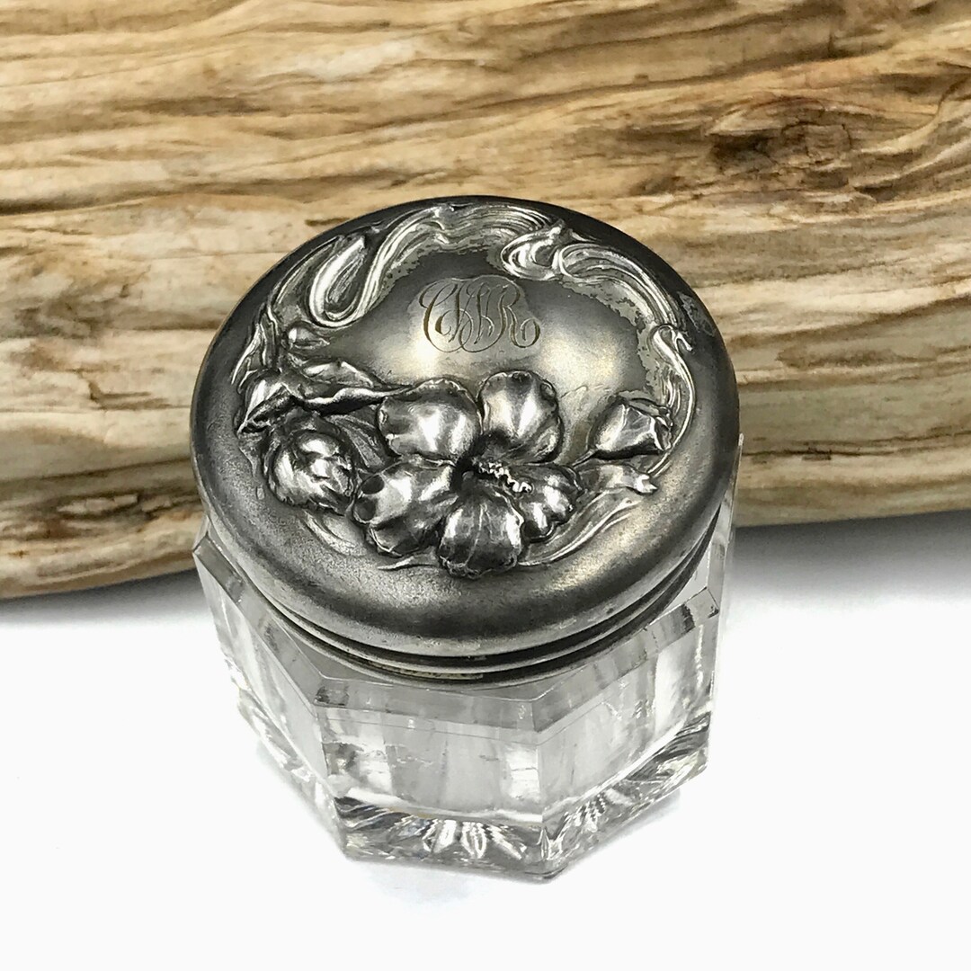 Antique Art Nouveau Repousse Sterling Silver Lid on Faceted Glass ...