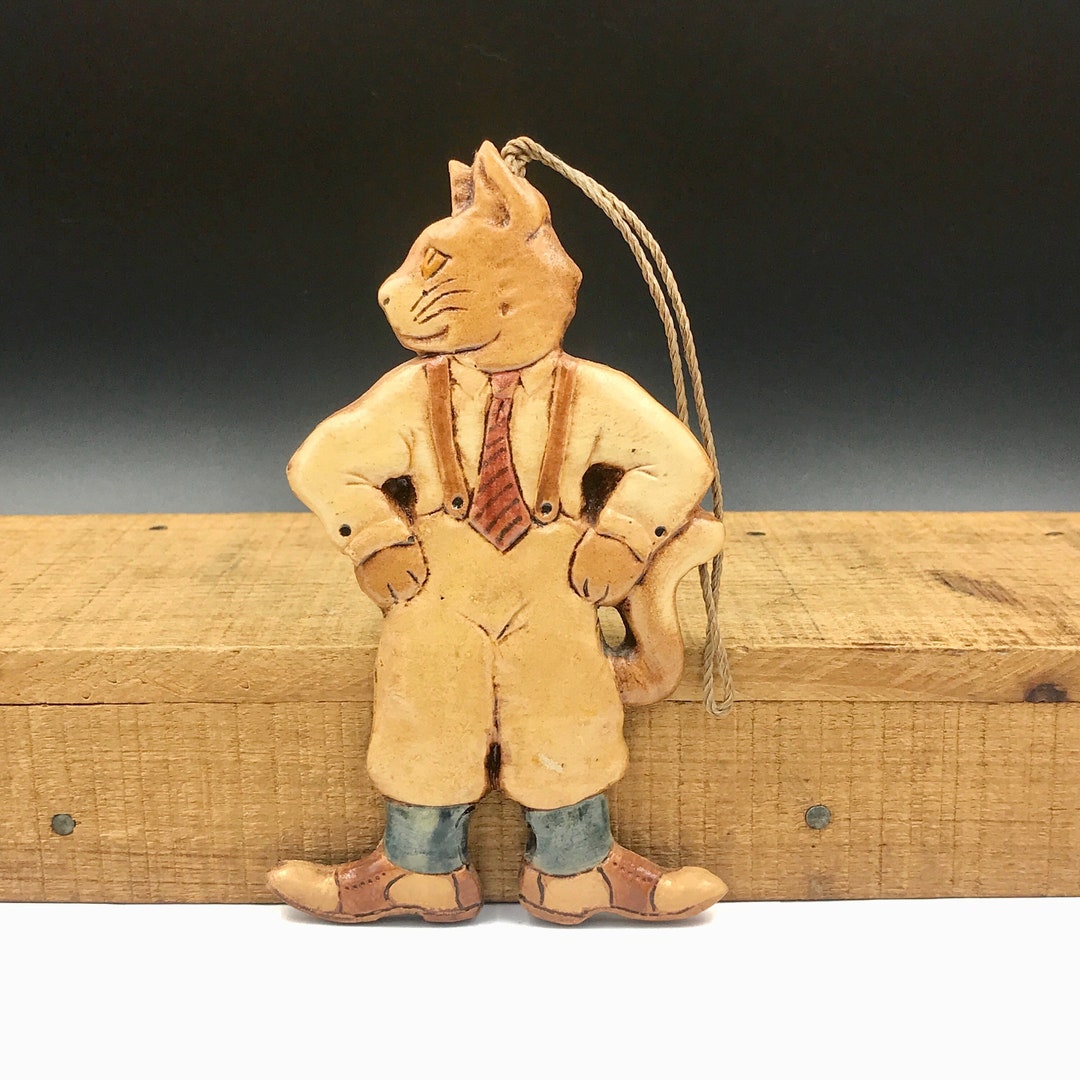 Vintage 1987 Anthropomorphic Cat Ornament: Signed Glazed Clay Figurine ...