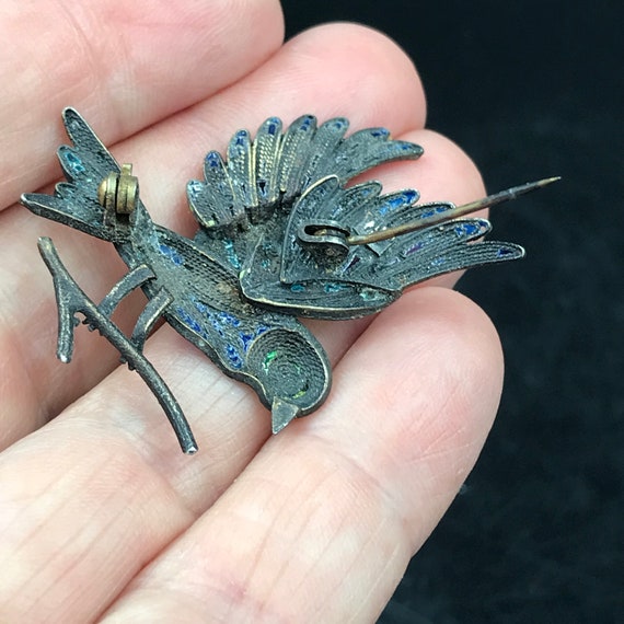 Antique Plique a Jour Enamel Bluebird Brooch 800 Silv… - Gem
