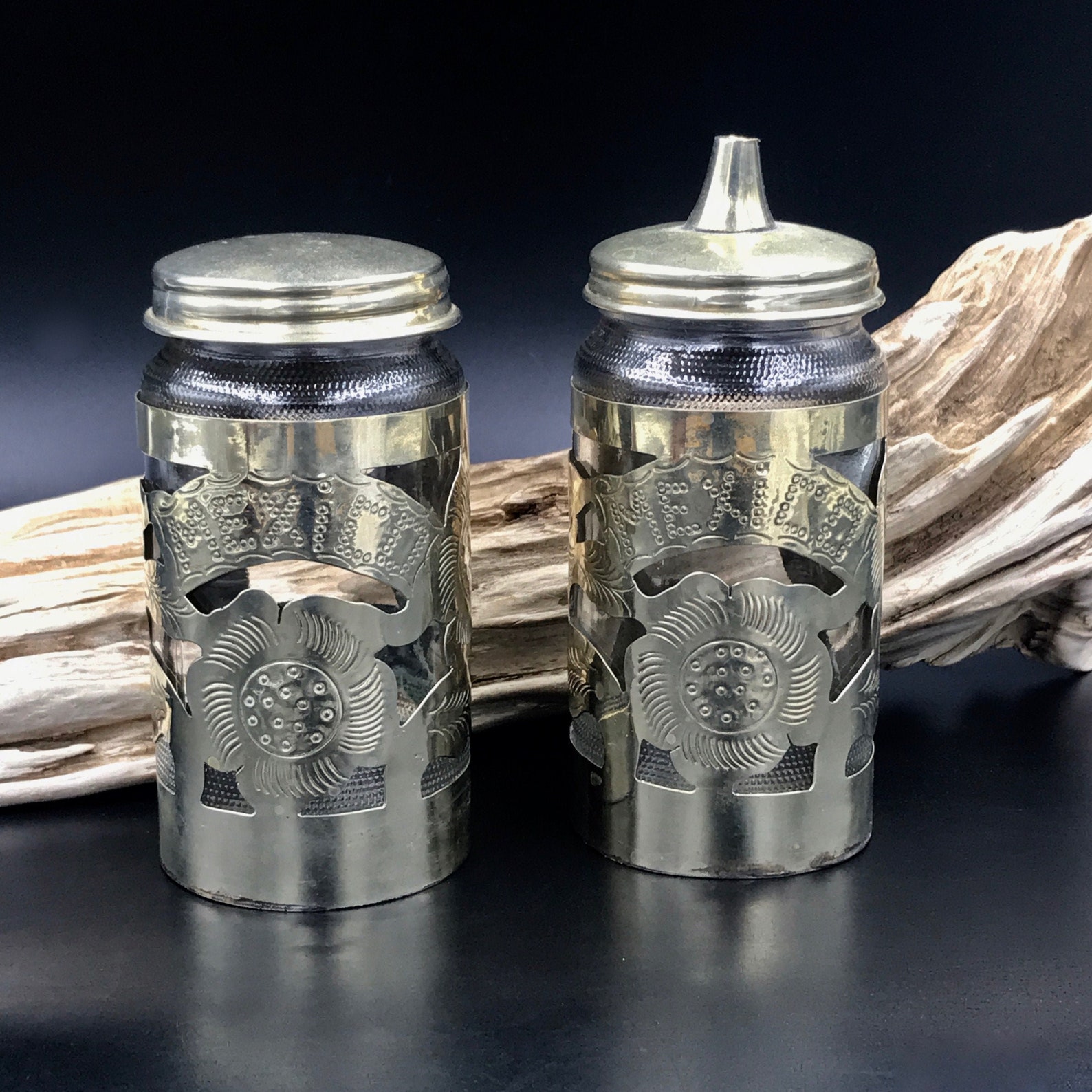 VTG Mexican Etched Silver Metal Overlay Glass Creamer and - Etsy