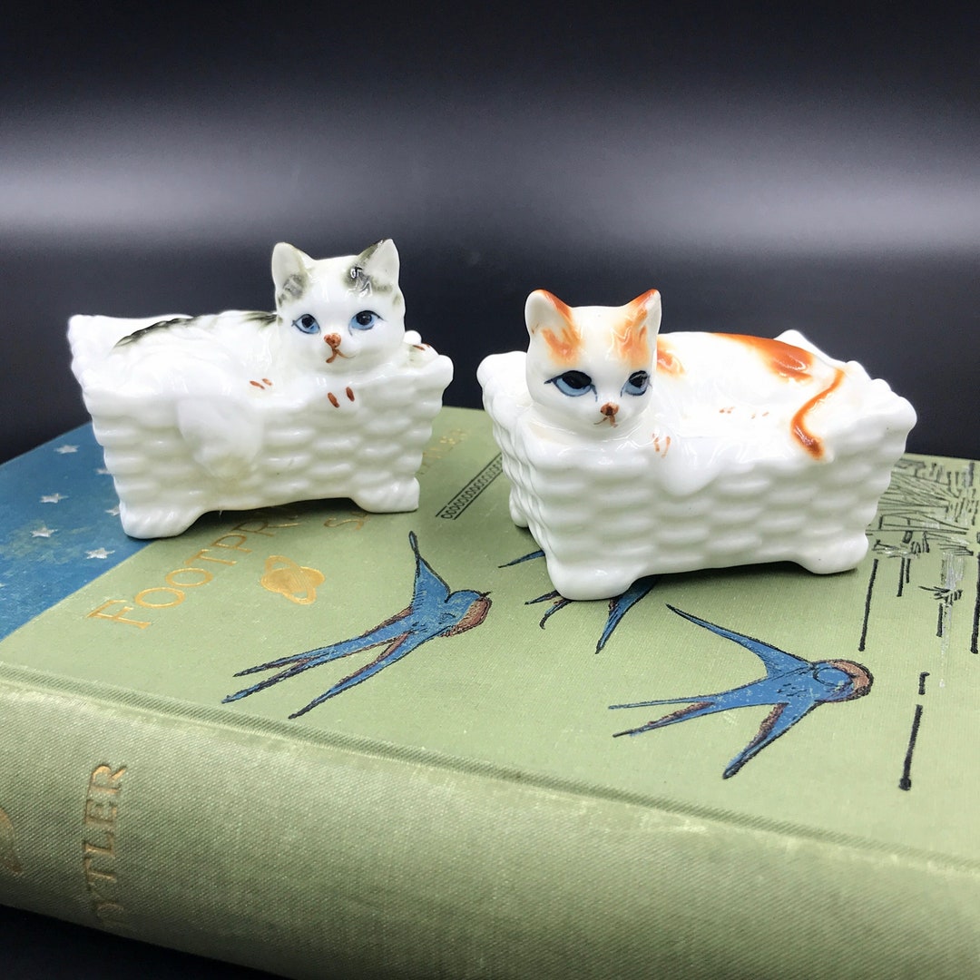 VTG PAIR of Bone China Cat in a Basket Figurines, Small Ceramic Cat ...