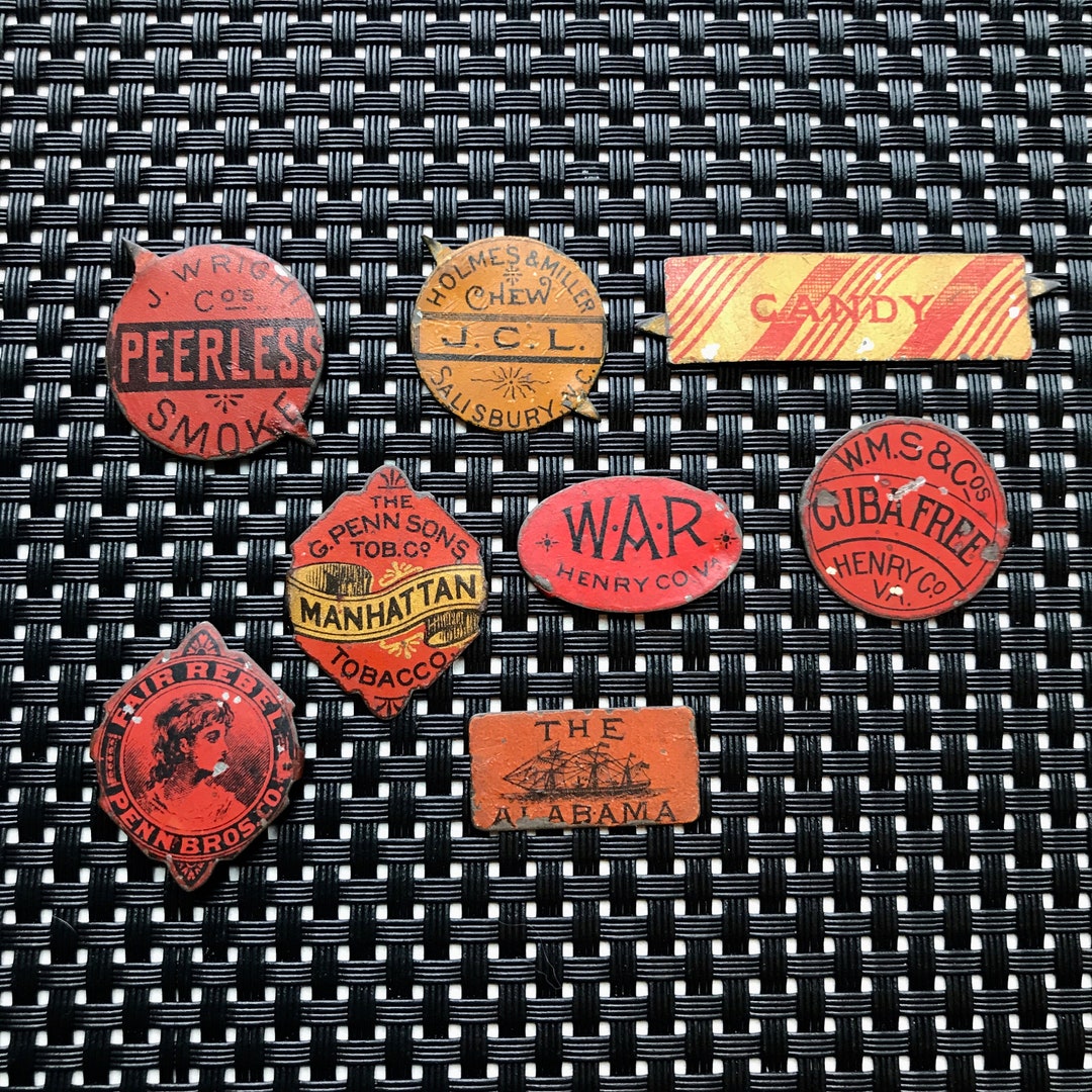 Antique Tin Tobacco Tags: Manhattan, Peerless Smoke, Fair Rebel (sold ...