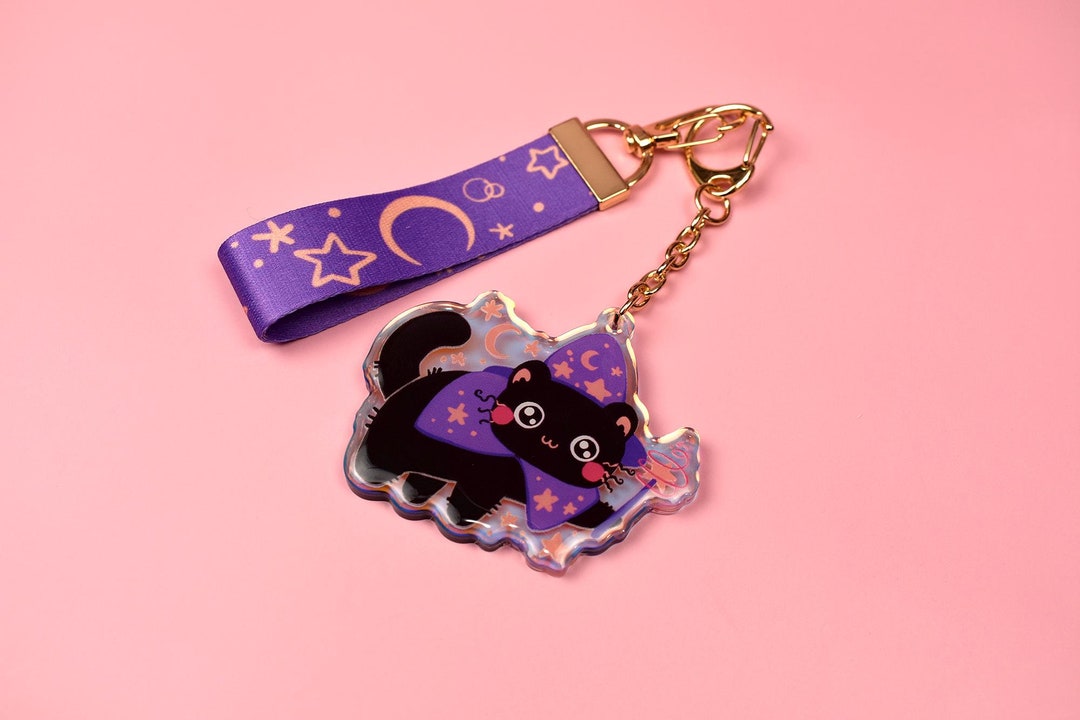 Frazzled Wizard Cat Keychain | 2.5" Wide Charm | Cute Holographic Black ...