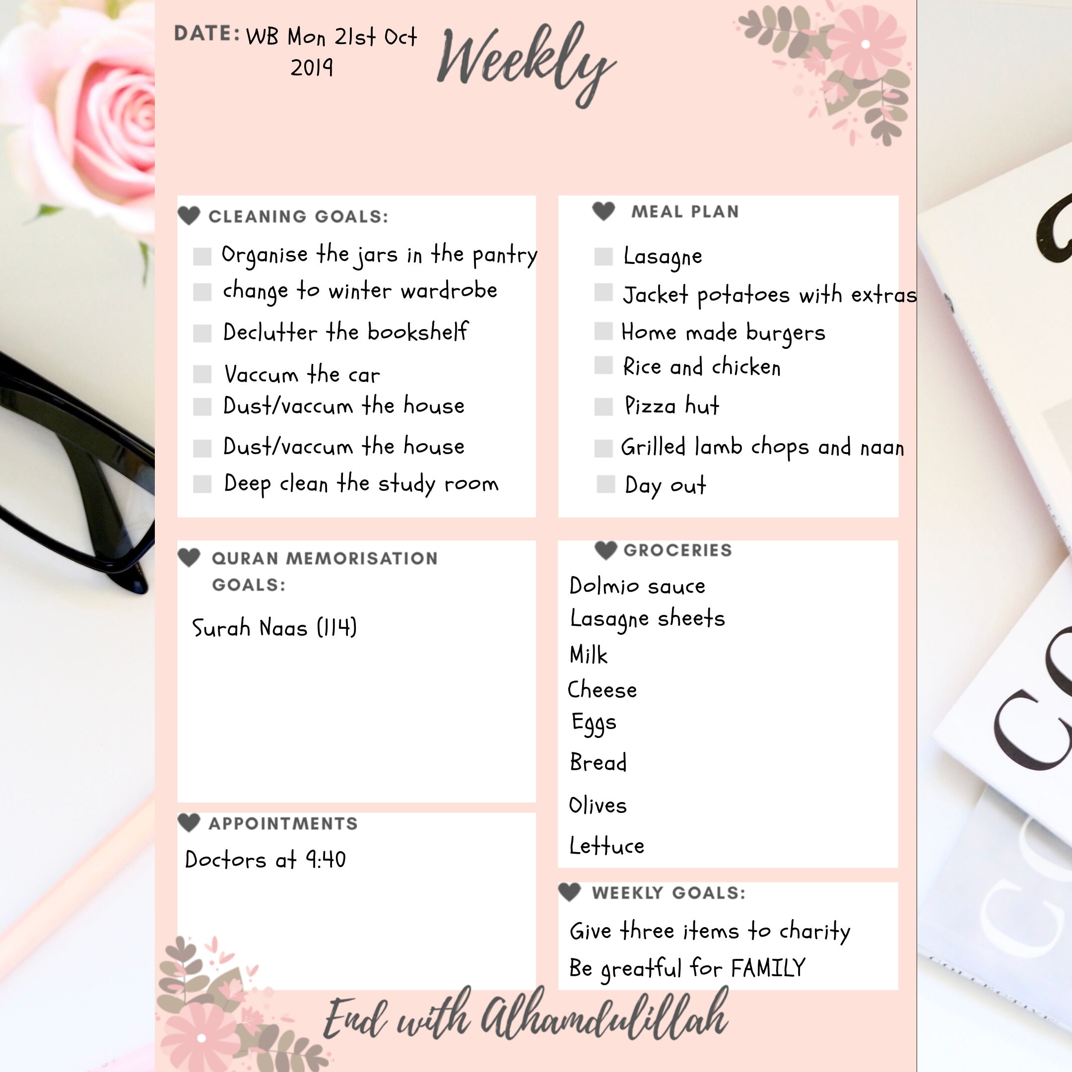 Islamic Weekly Planner Including a Salah Checklist, Meal Plan, Grocery ...