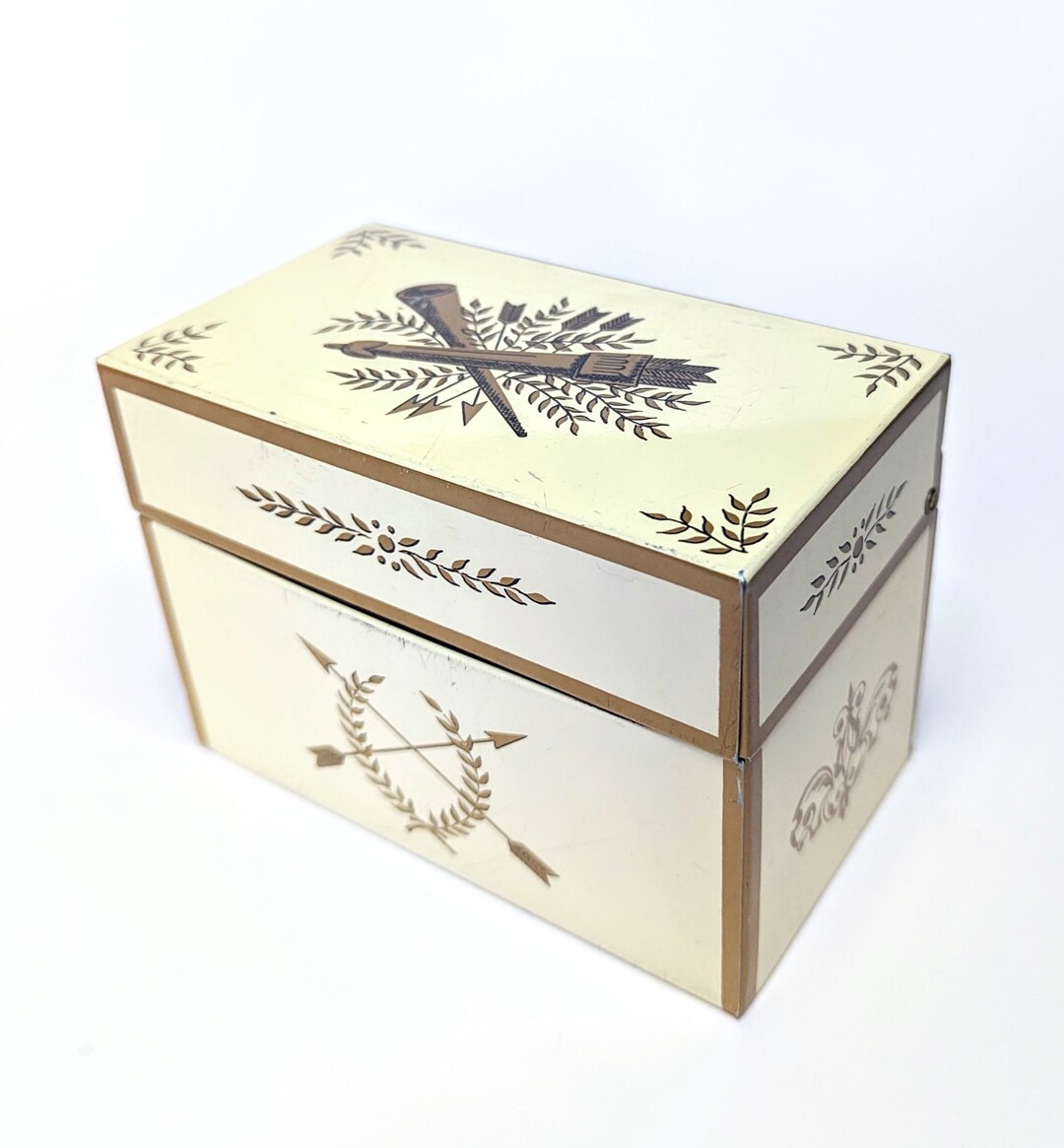 Vintage Tin Recipe Box: Ohio Art Co. Beige and Bronze With Arrows and ...