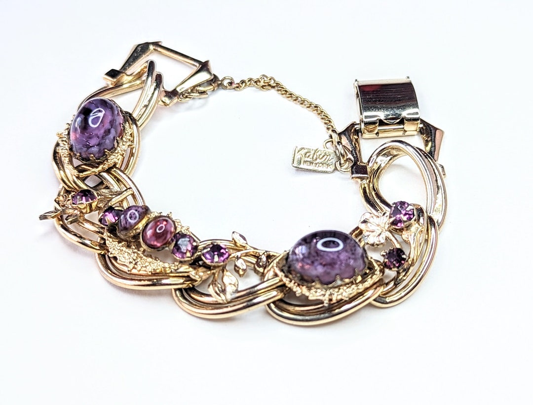 Signed Kafin NY Bracelet: Purple Moonglow Stones & Glass Rhinestones ...