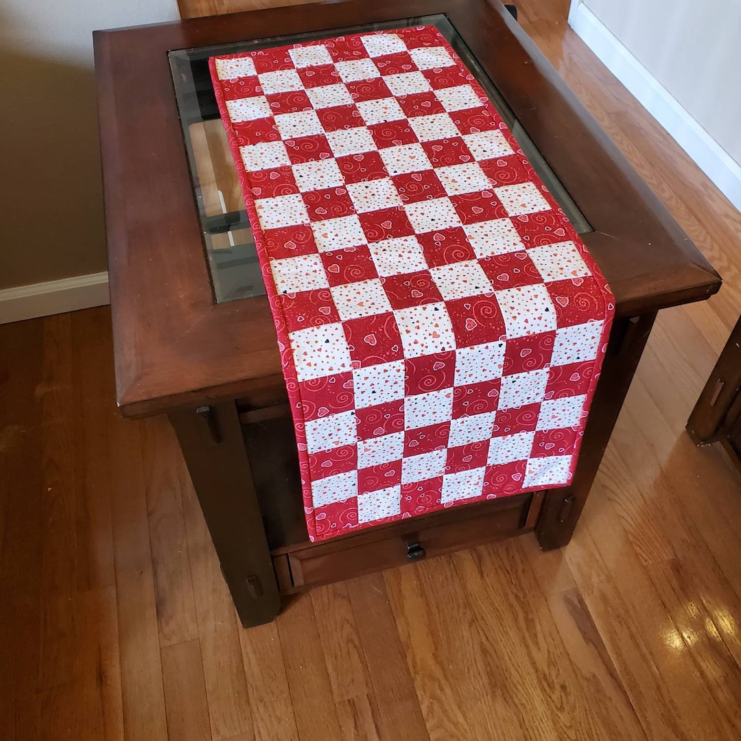 Valentine's Day Quilted Table Topper Runner, Red White Hearts Love ...