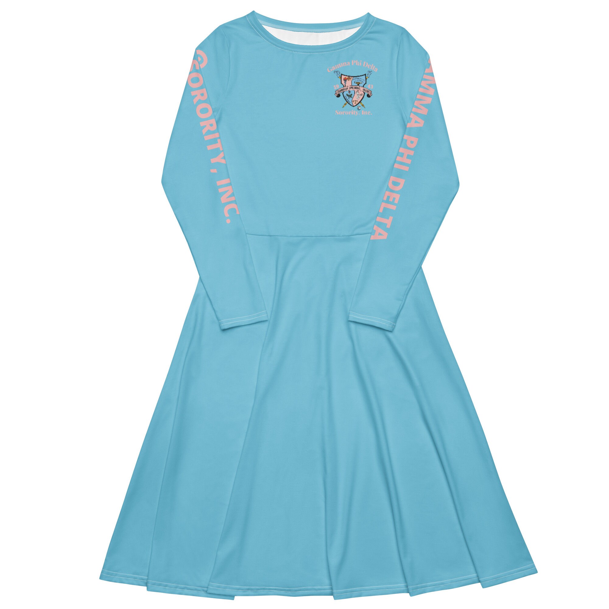 Gamma Phi Delta Sorority Baby Blue Shield Logo Long Sleeve Midi Dress ...