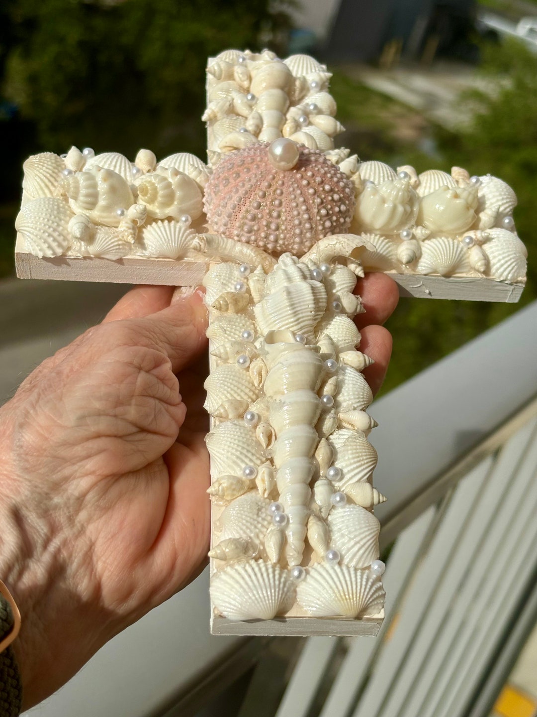 Shells of Love Wooden Cross, Boasting Intricate Seashells, Pearls With ...