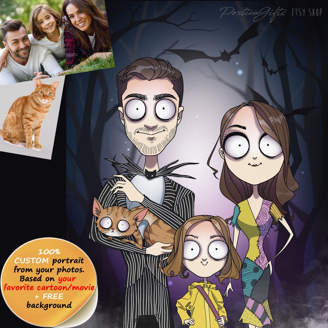 Tim Burton custom family portrait Gothic home decor Chibi pet | Etsy