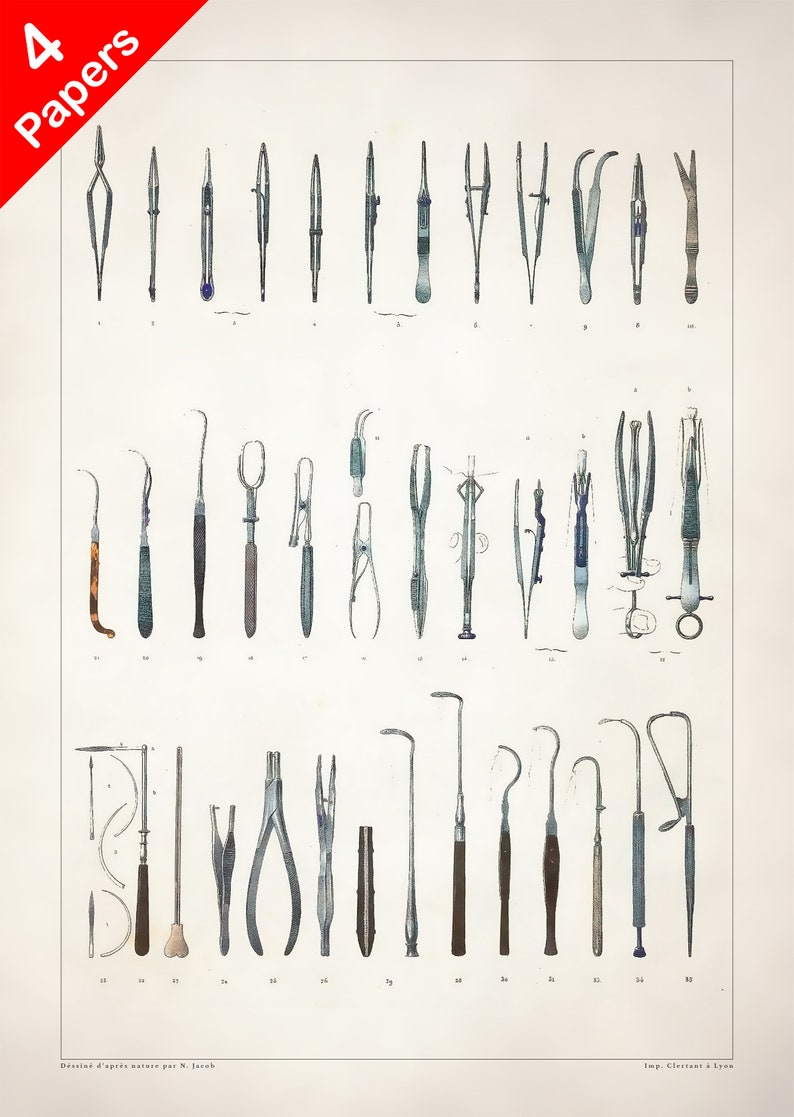 Anatomy Print Set: Vintage Surgical Instrument Lithographs, Medical ...