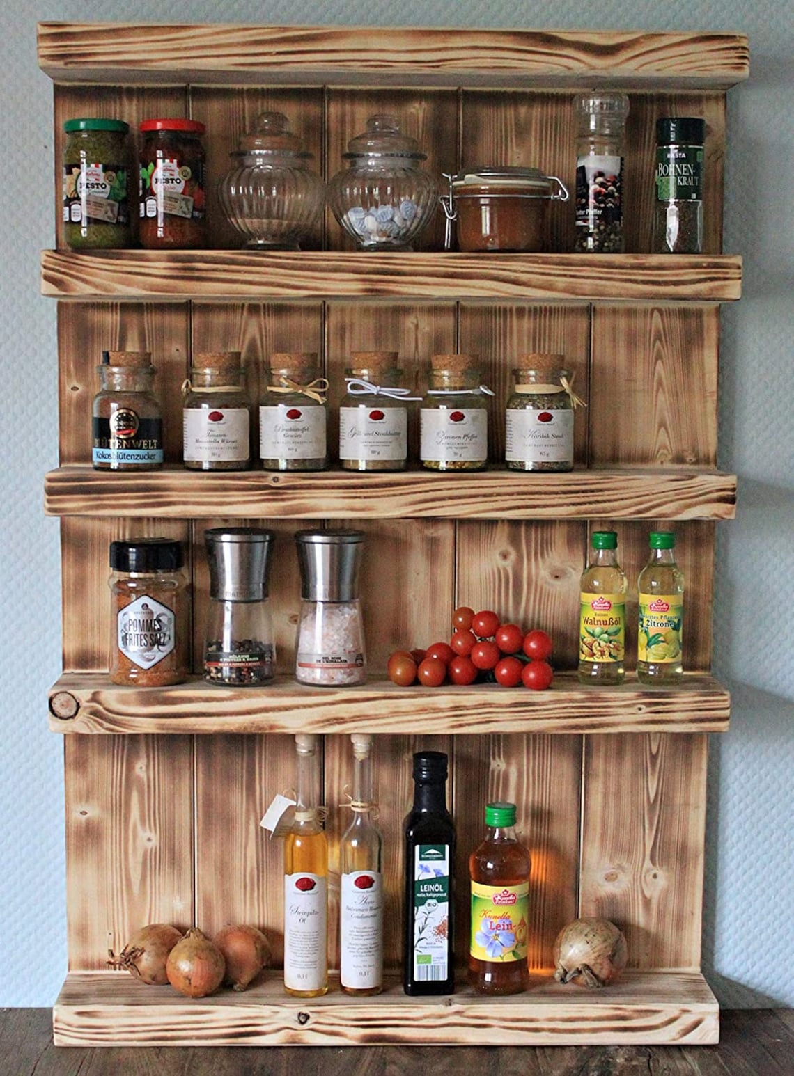 Wooden Spice Rack - for Wall Mounting or Standing - Brown (flamed) - 5 ...