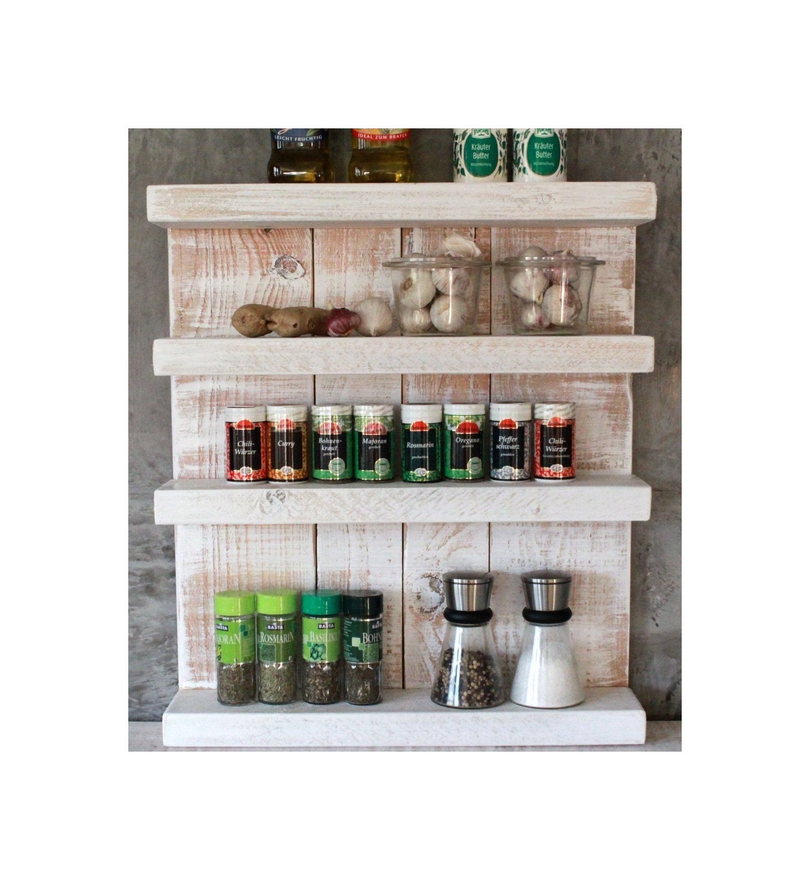 Wooden spice rack - for wall or standing - vintage white - 4 shelves ...