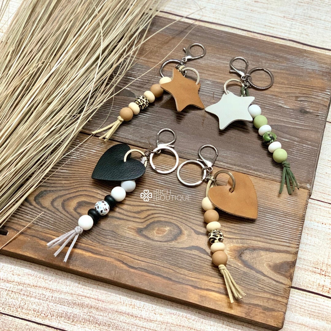 LEATHER CHARM Keychain//leather Star, Leather Heart, Heart Keychain ...