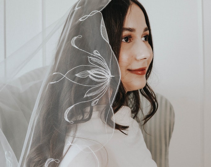 Ivory Embroidered Wedding Veil, Lotus, Handmade, Mantilla Style, Waltz ...