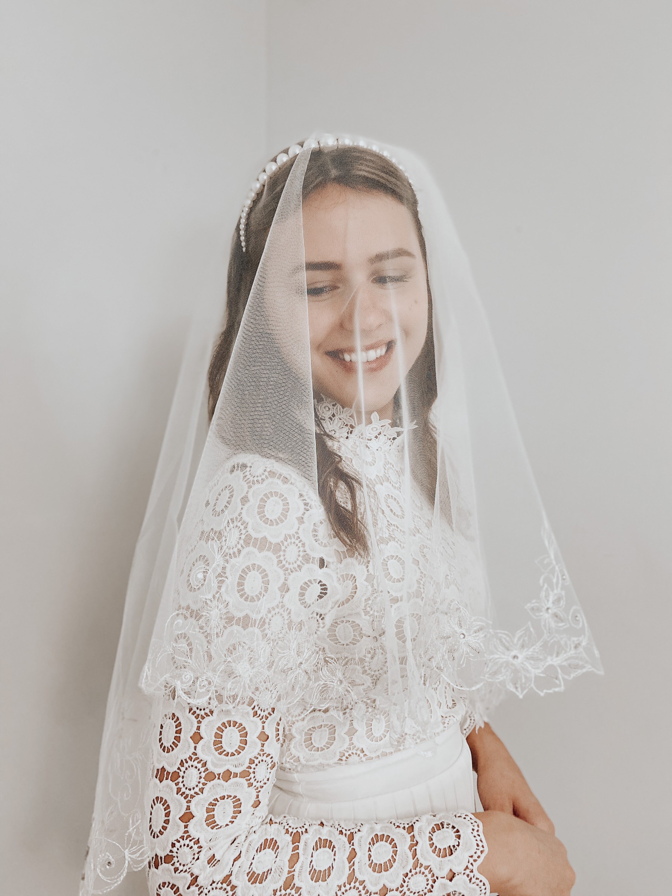 White Elegant Embroidered Veil, Waltz Length Veil, White Wedding Veil ...
