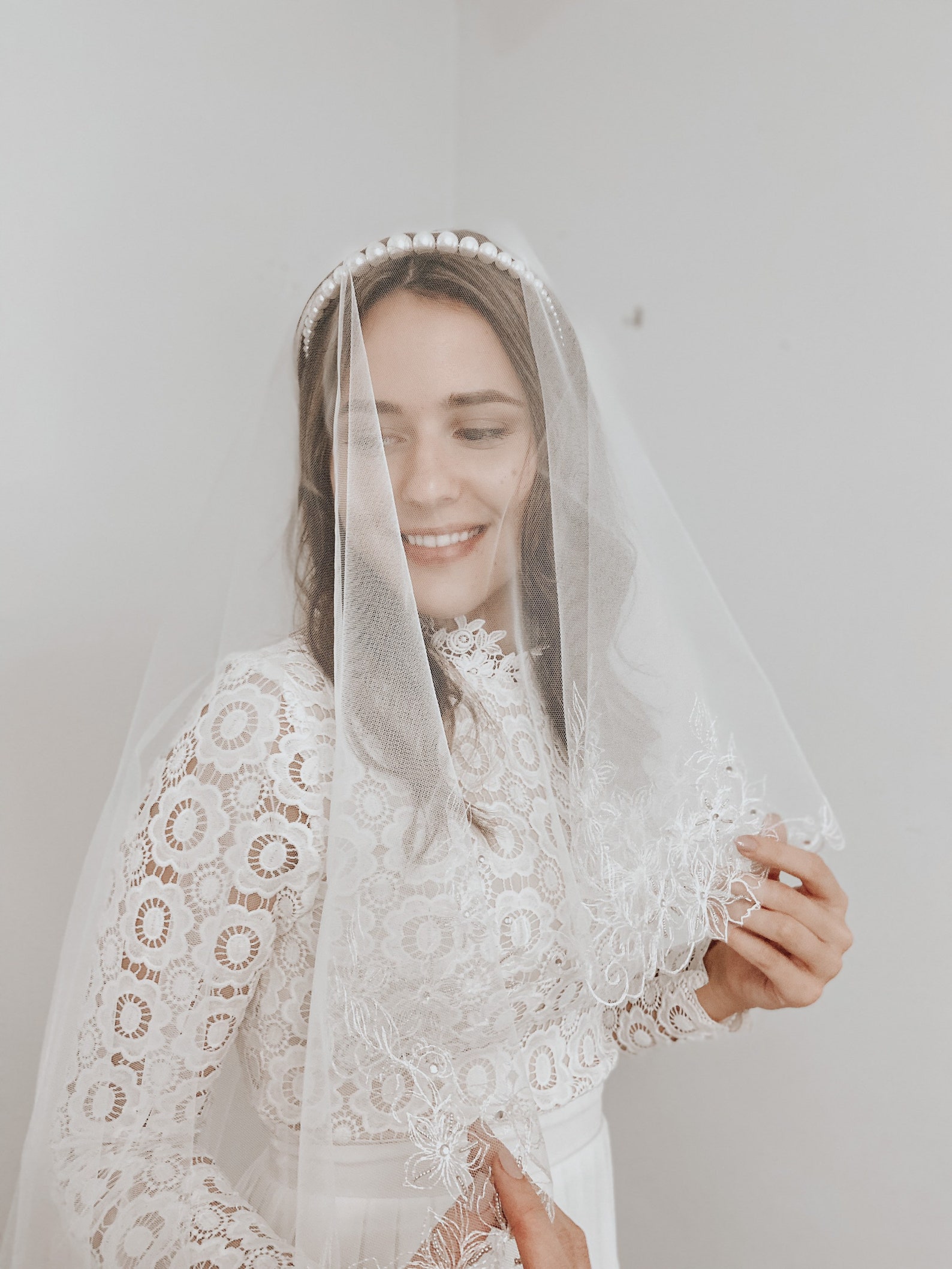 White Elegant Embroidered Veil, Waltz Length Veil, White Wedding Veil ...