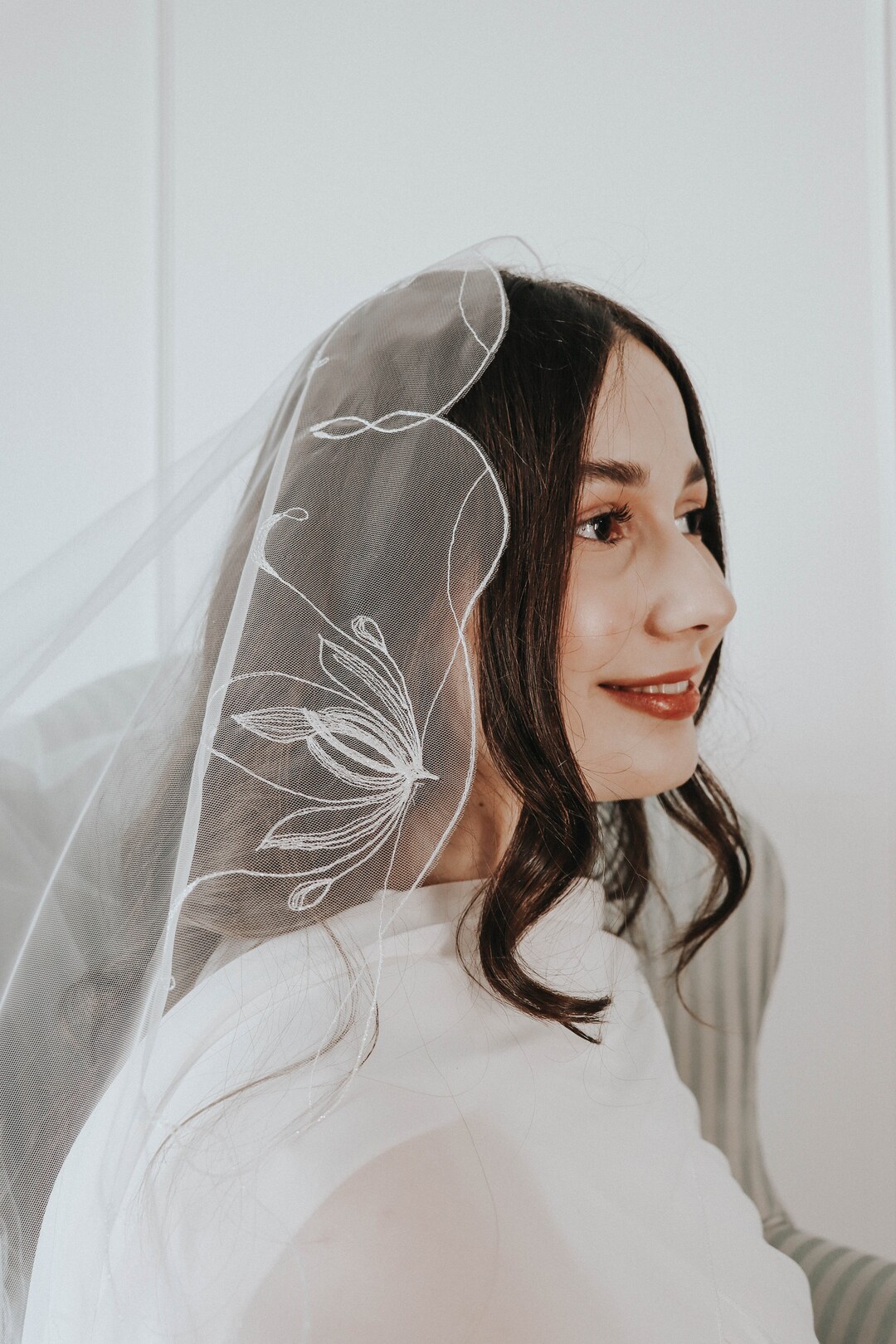 White With Pearl Thread Embroidered Wedding Veil, Lotus, Handmade ...