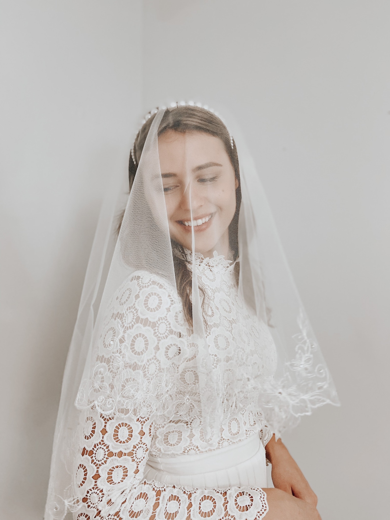 White Elegant Embroidered Veil, Waltz Length Veil, White Wedding Veil ...