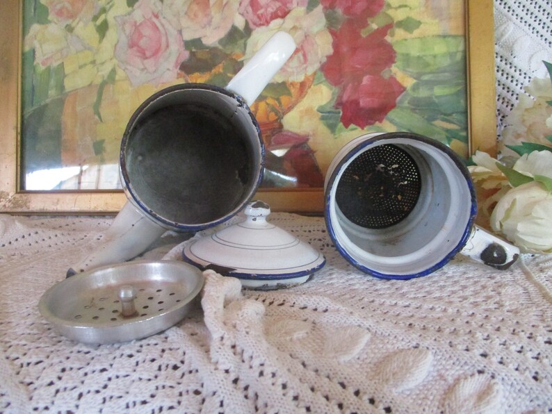 Antique French Enamelled COFFEE POT Biggin Double Handled Garland Small ...