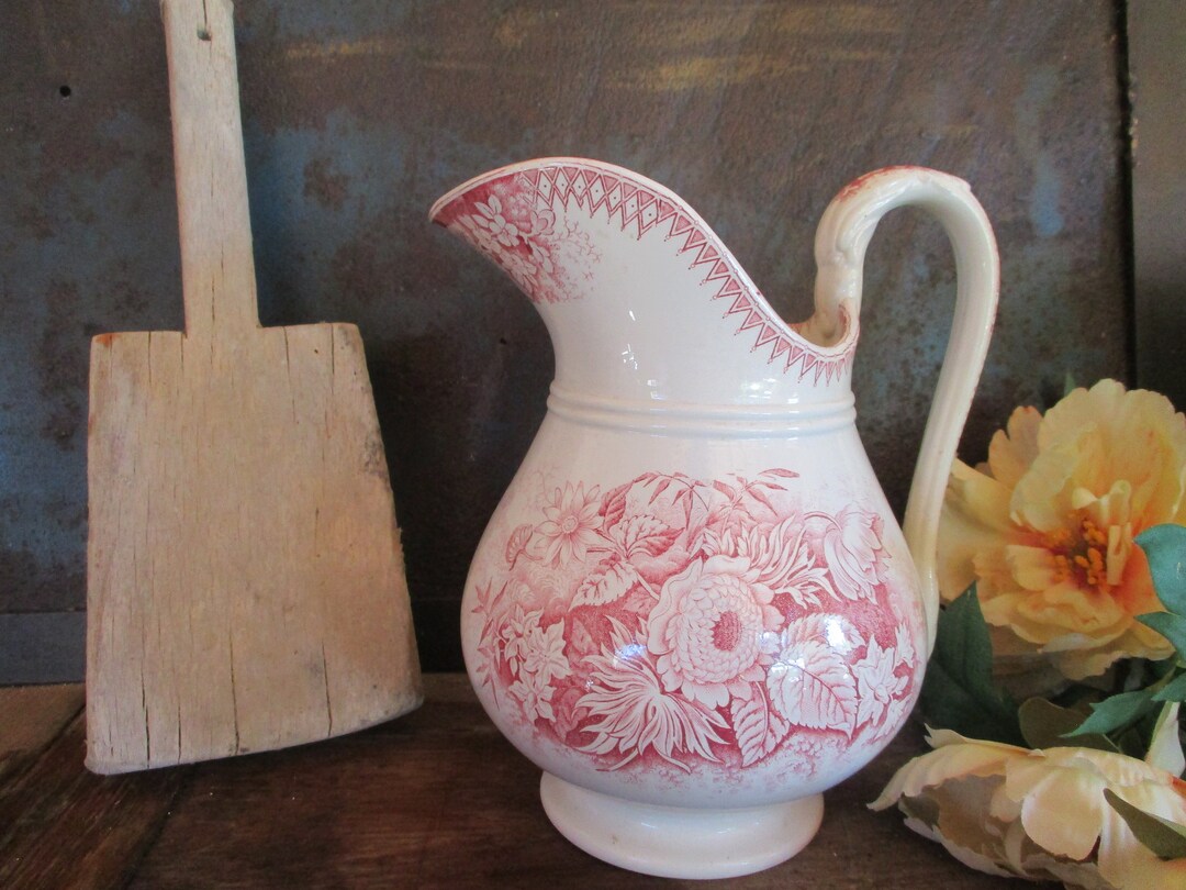 Rarest Large Antique 19th French Earthenware Bigger PITCHER Pink FLOWERS Pattern Toilette Digoin ...
