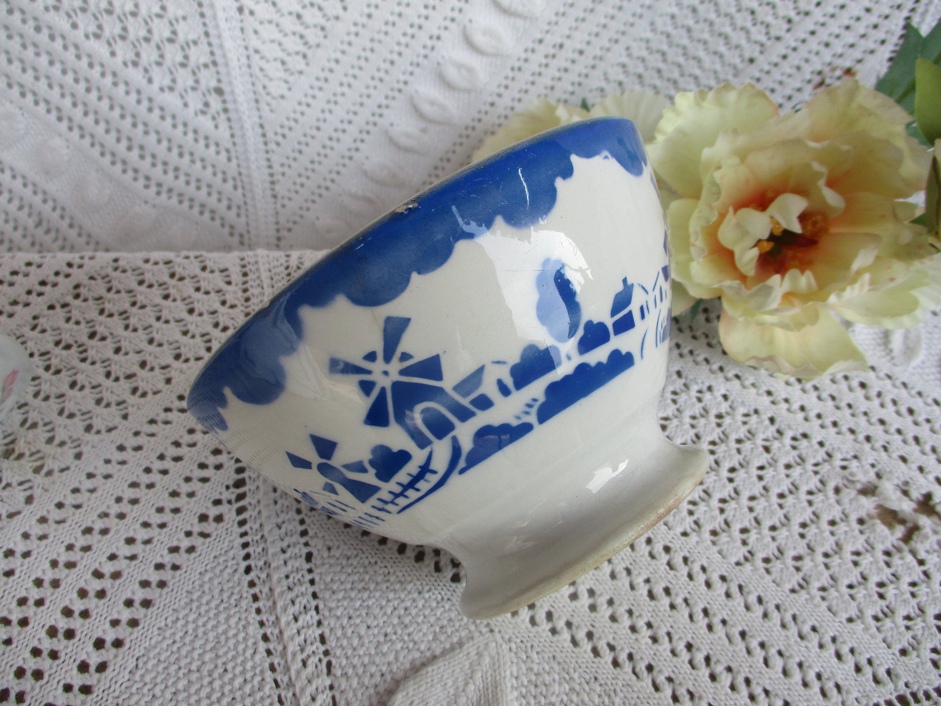 Old French BOL CAFE Au LAIT Pattern Houses Windmills and Blue Clouds ...