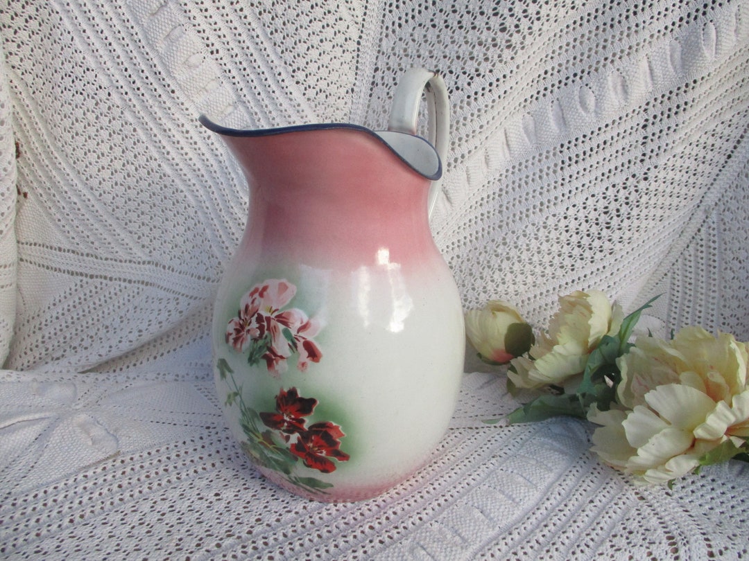 Antique ENAMELED PITCHER, Light Pink Shades, Pansies Flowers. JAPY ...