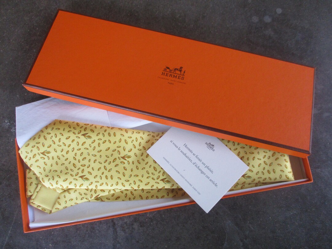 Silk TIE and BOX From the Famous HERMES Boutique. Yellow Model Wheat ...