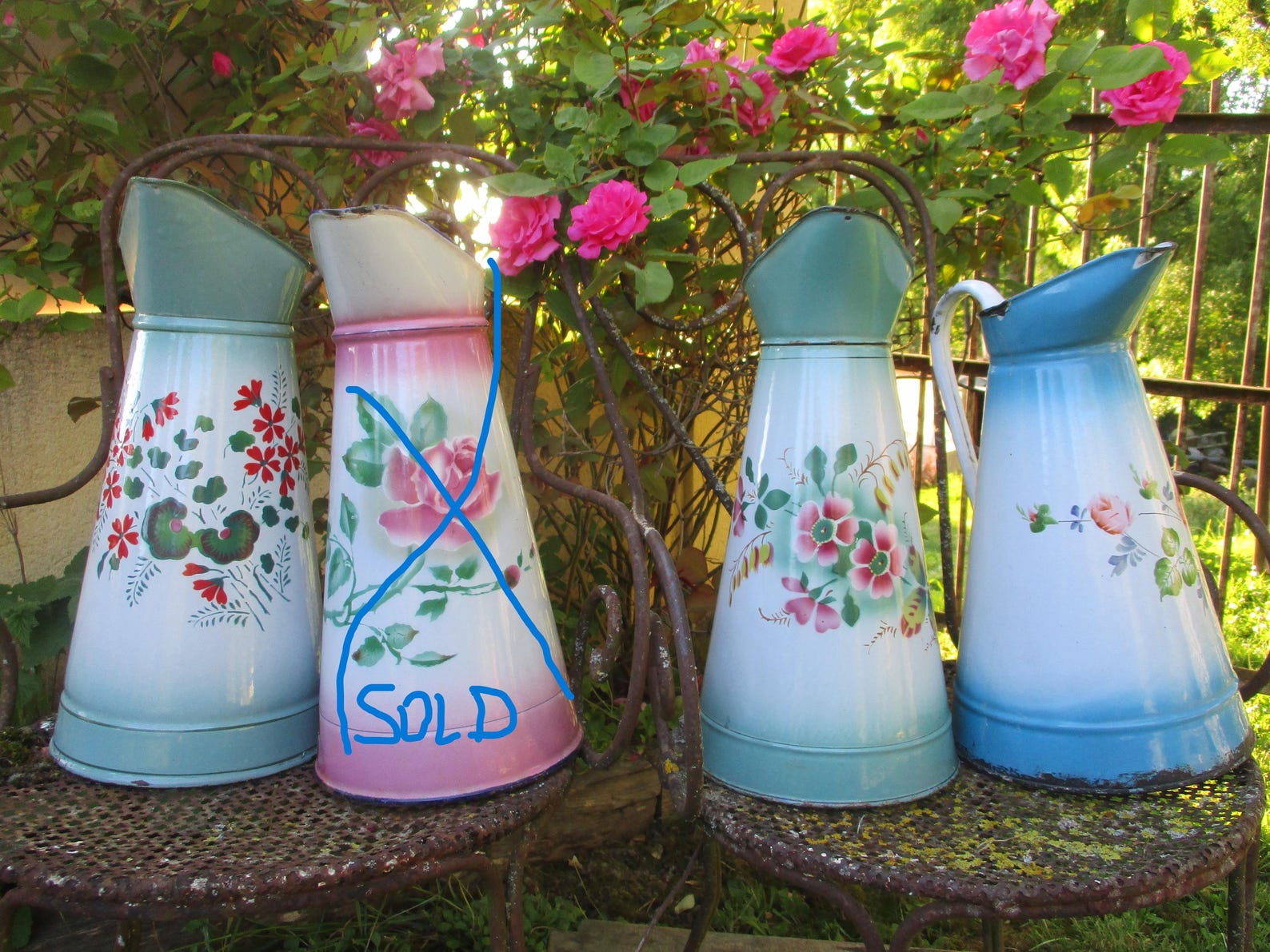 Choose ONE of These French Enamelware BODY Pitchers Graniteware Flowers ...