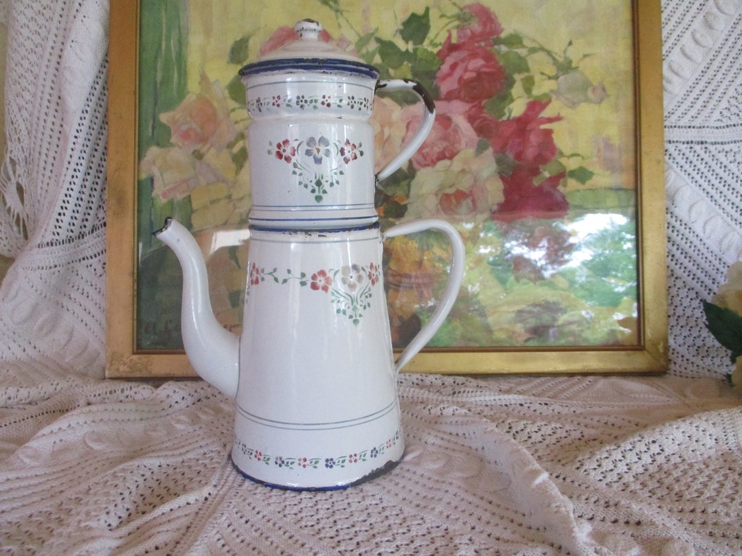 Antique French Enamelled COFFEE POT Biggin Double Handled Garland Small ...