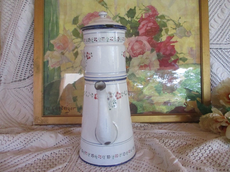 Antique French Enamelled COFFEE POT Biggin Double Handled Garland Small ...