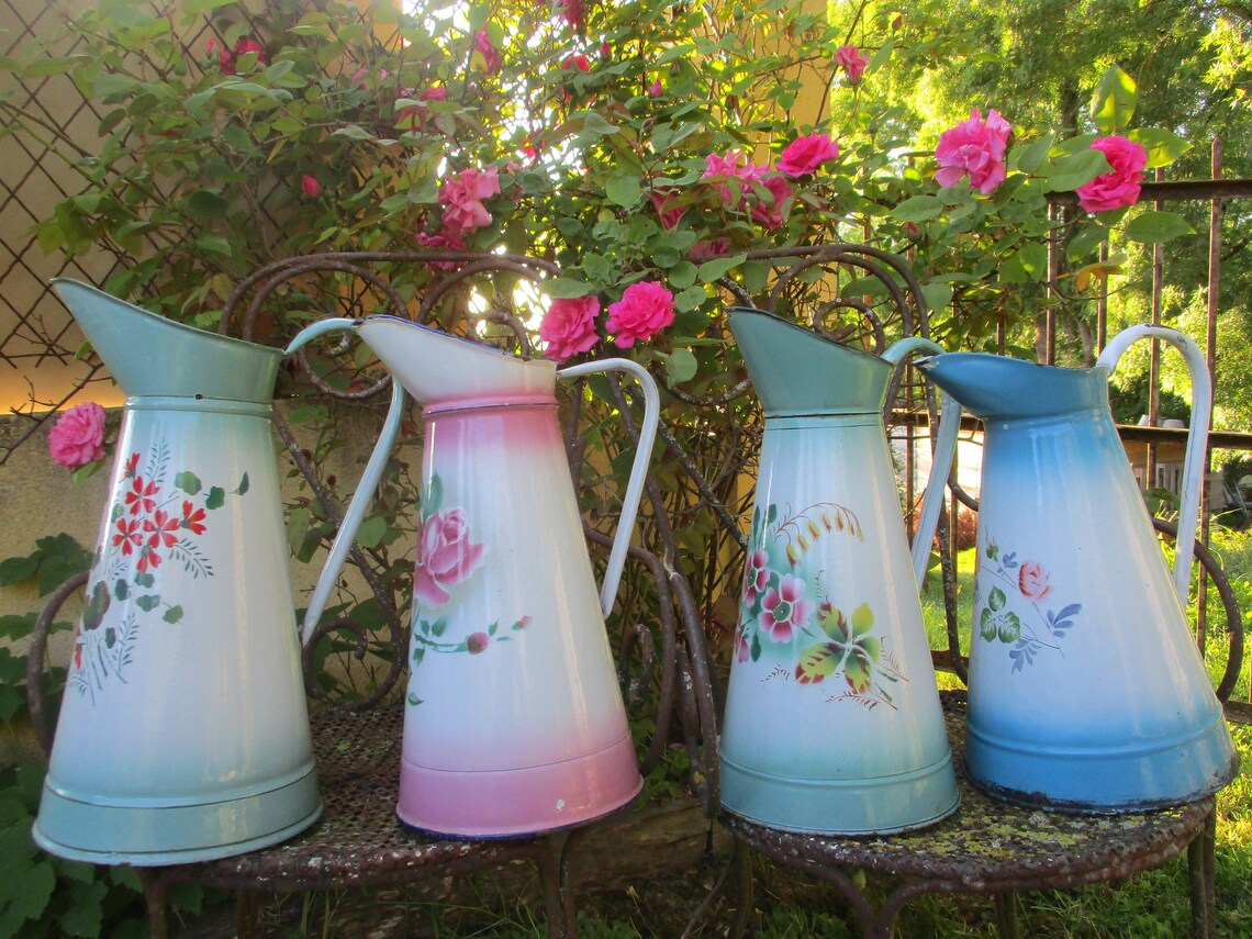Choose ONE of These French Enamelware BODY Pitchers Graniteware Flowers ...