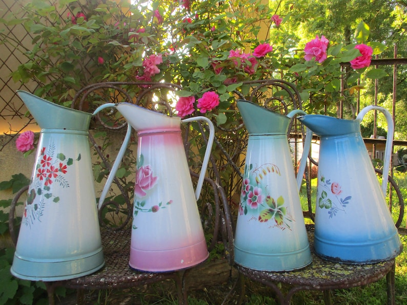 Choose ONE of These French Enamelware BODY Pitchers Graniteware Flowers ...