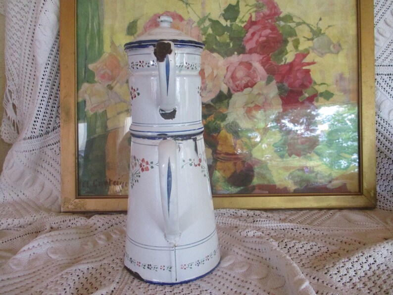 Antique French Enamelled COFFEE POT Biggin Double Handled Garland Small ...