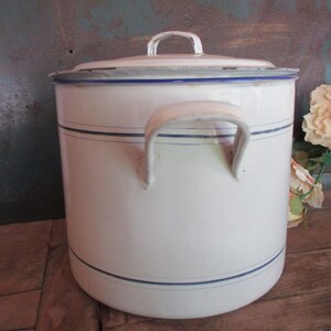 Antique Large French COOKING POT "faitout" in White Enamel With Blue ...