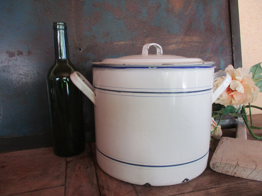 Antique Large French COOKING POT "faitout" in White Enamel With Blue ...